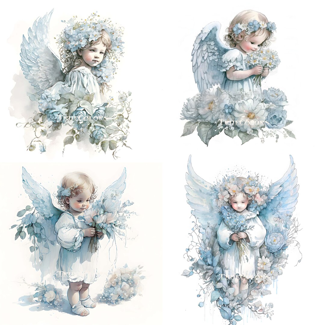 Light Blue Angels Illustration Clipart Set PNG Litlle Angel Print Angel ...