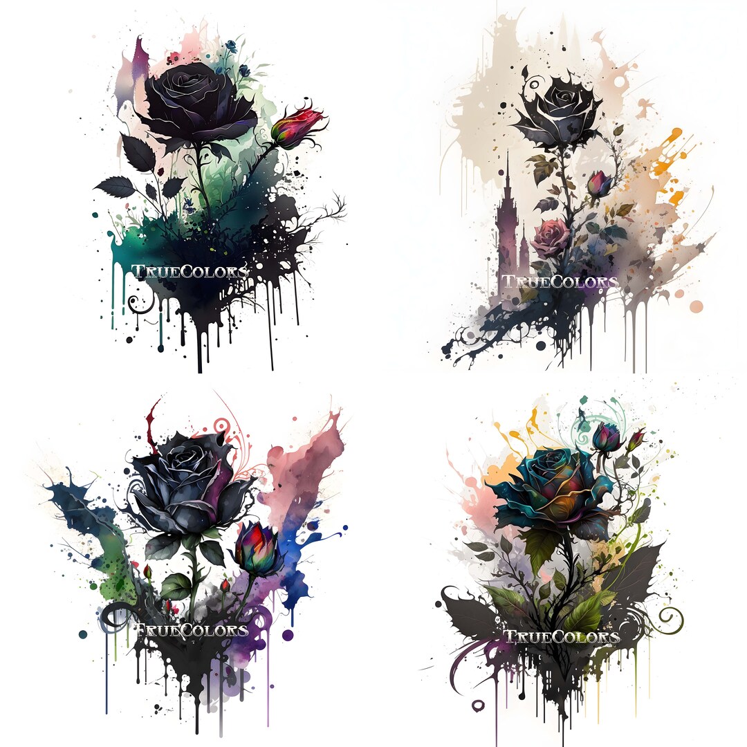 Watercolor Black Roses Clipart Gothic Roses and Leaves in PNG Format ...
