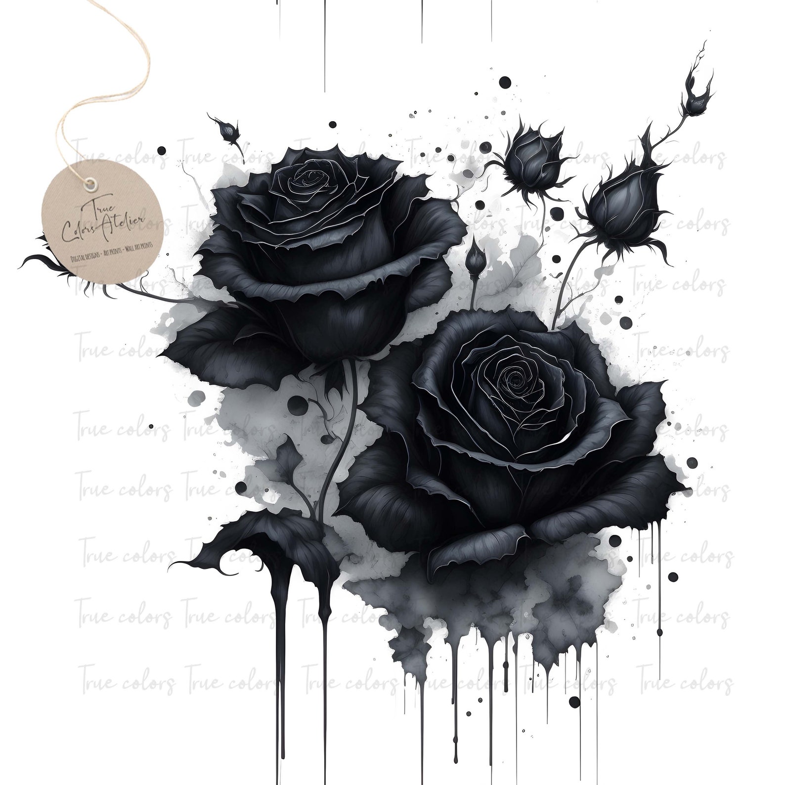 Watercolor Black Roses Clipart Gothic Roses and Leaves in PNG Format ...