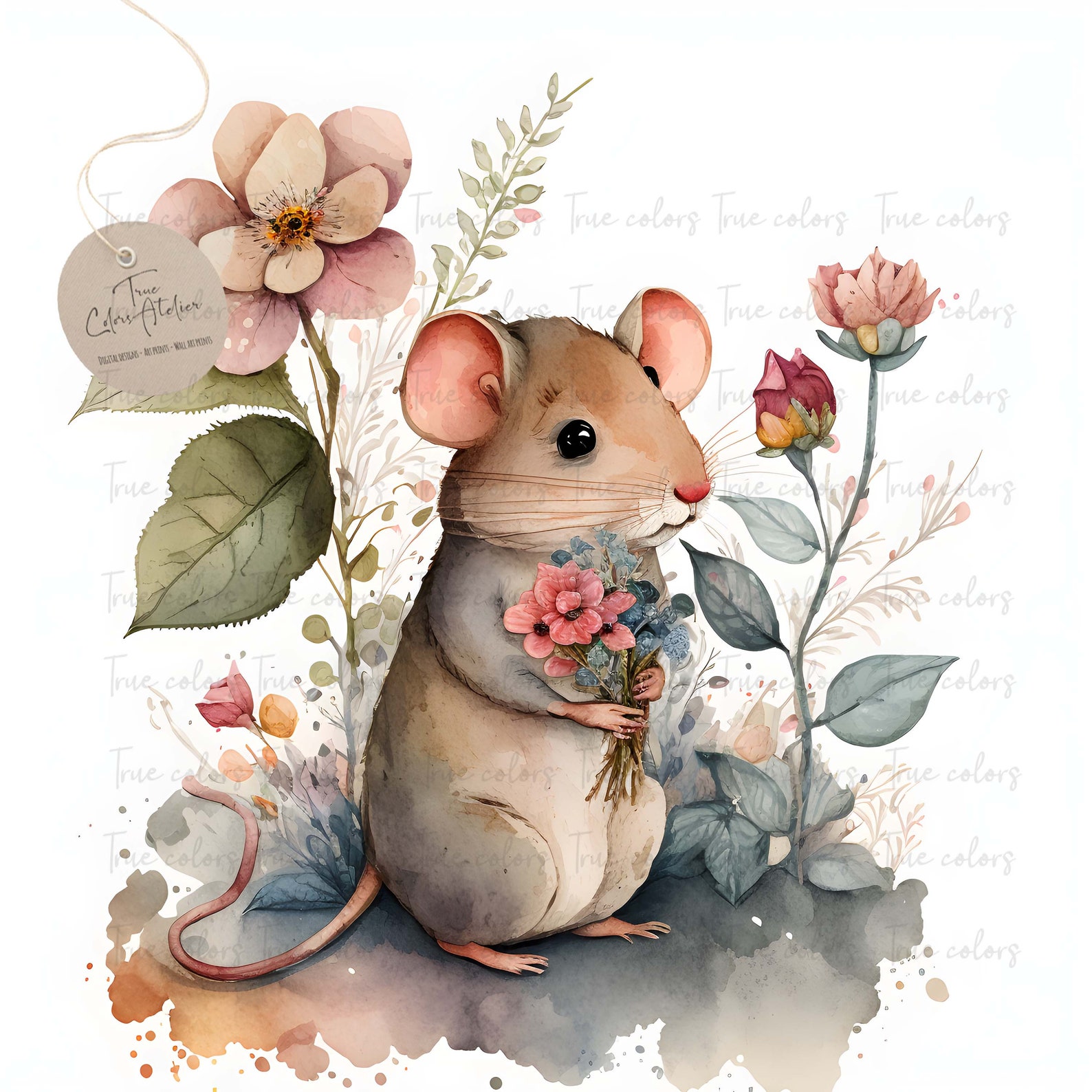 Watercolor Mouse and Flower Watercolor Animals Mouse Painting Mause ...