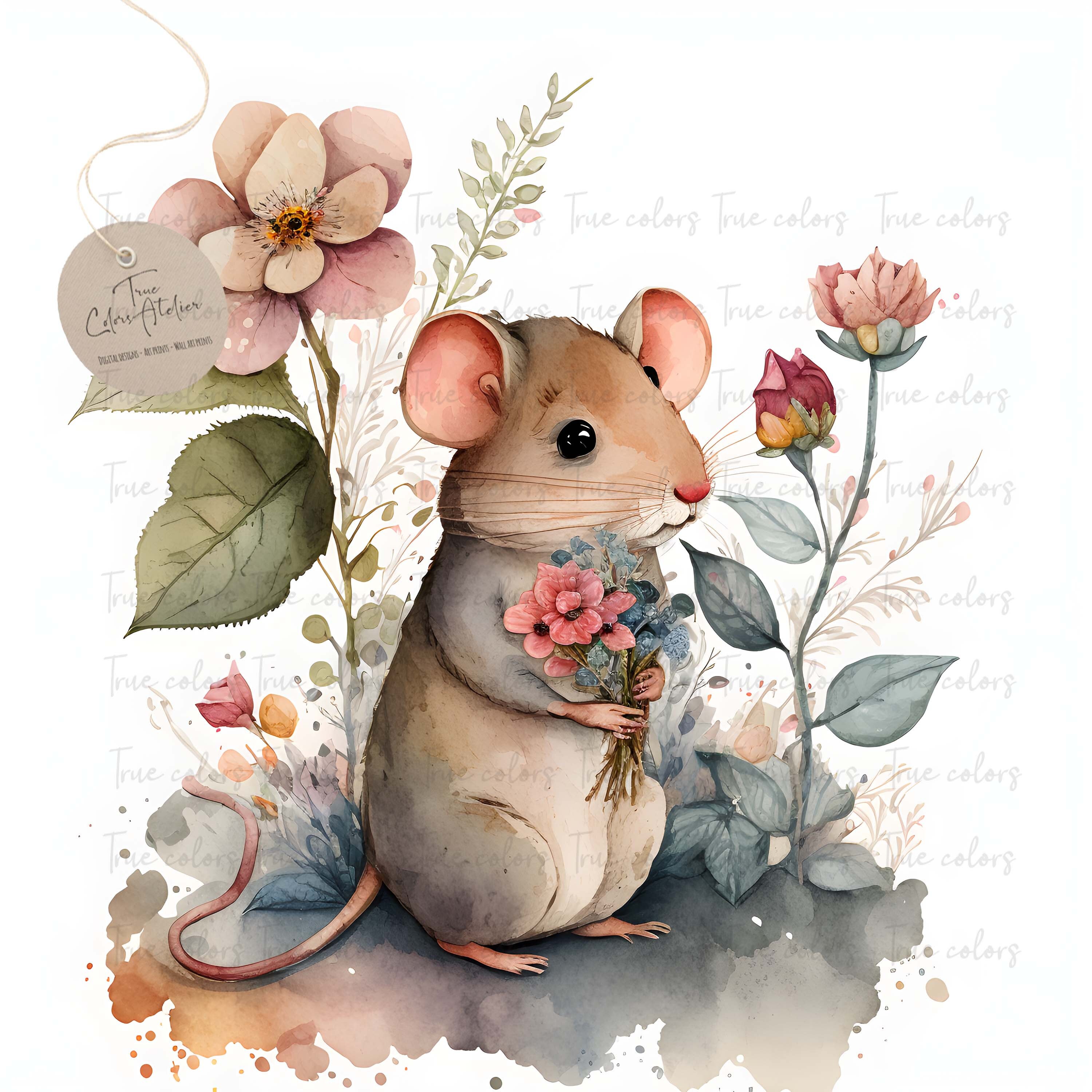 Watercolor Mouse and Flower Watercolor Animals Mouse Painting Mause ...