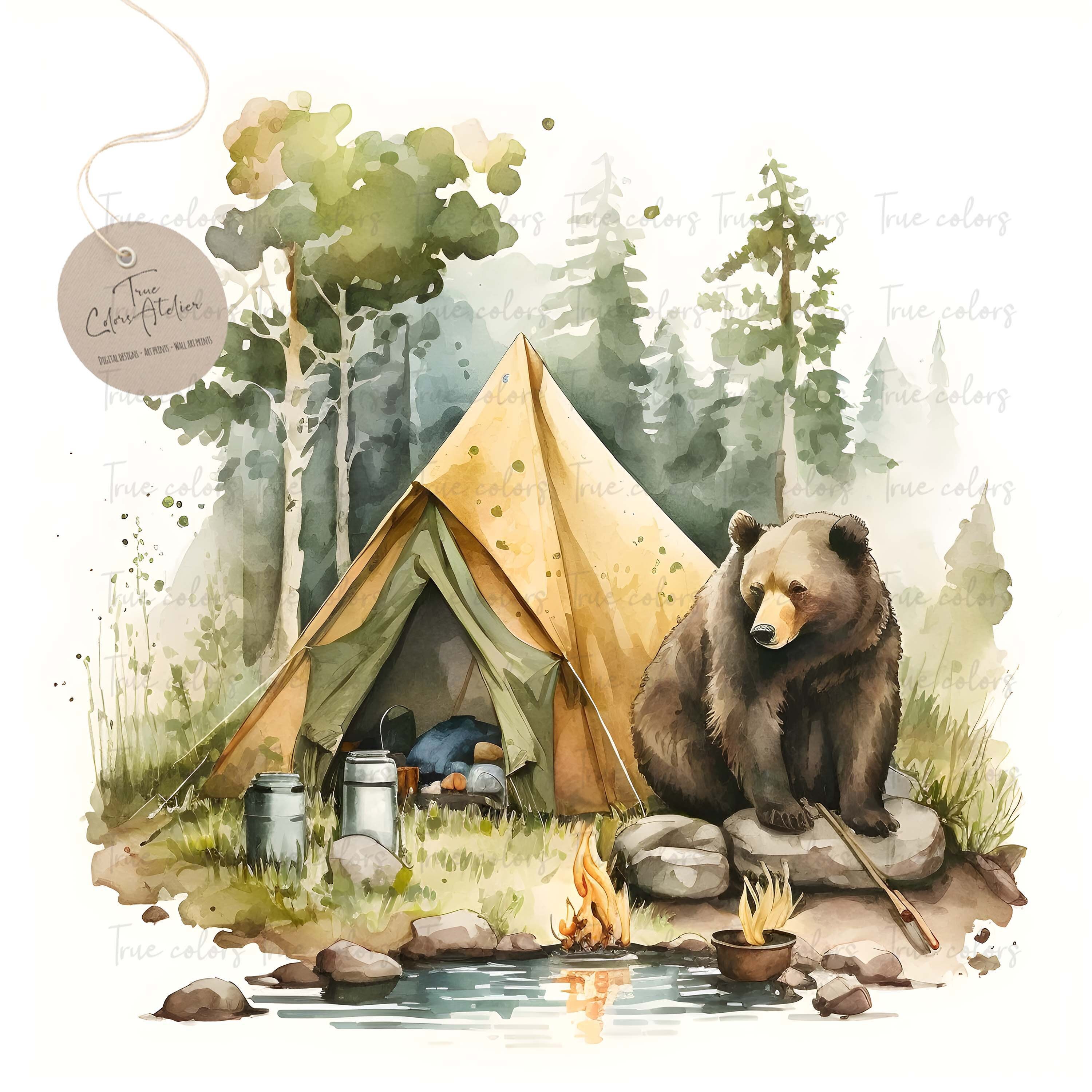 Bear Camping Watercolor Bear Print Outdoor Adventure Wilderness Art ...