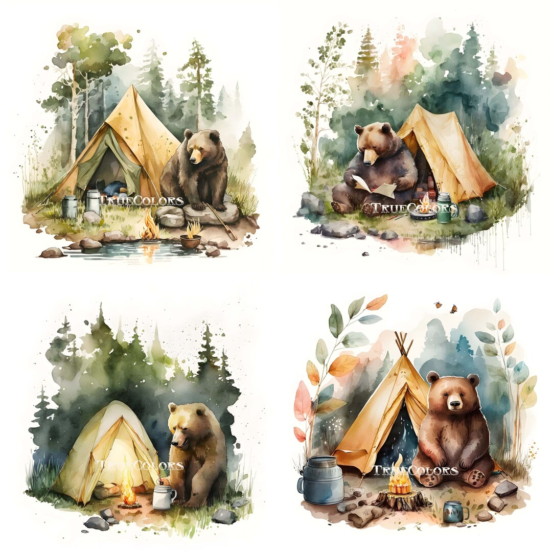 Bear Camping Watercolor Bear Print Outdoor Adventure Wilderness Art ...