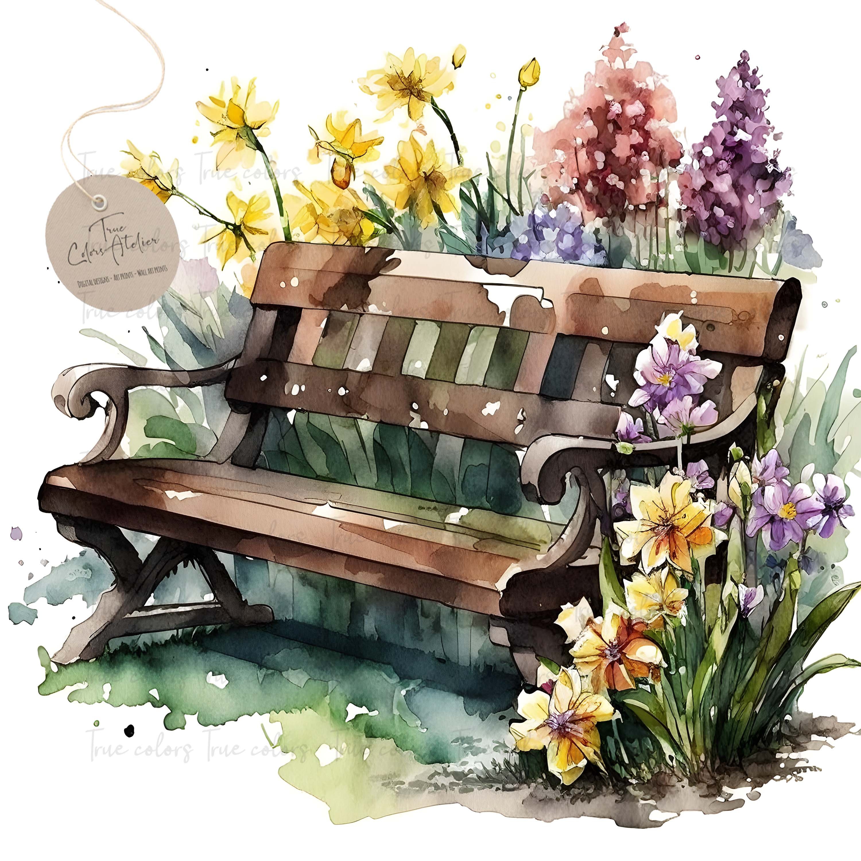 Garden Benches Spring Flowers Watercolor Garden Benches Clipart PNG ...