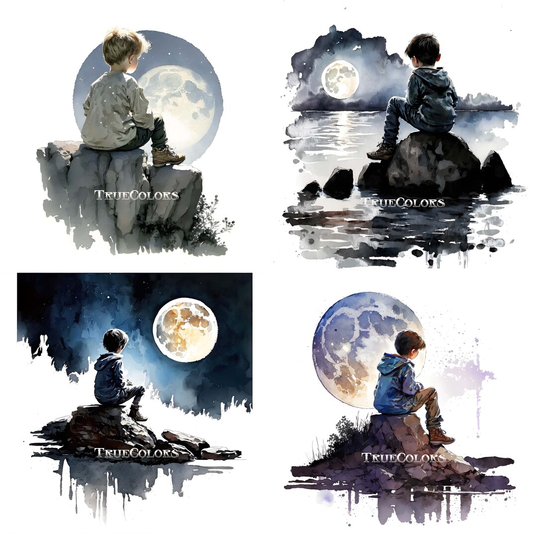 Watercolor Moonlight Boy,moonlight Boy Clipart,watercolor Illustration ...