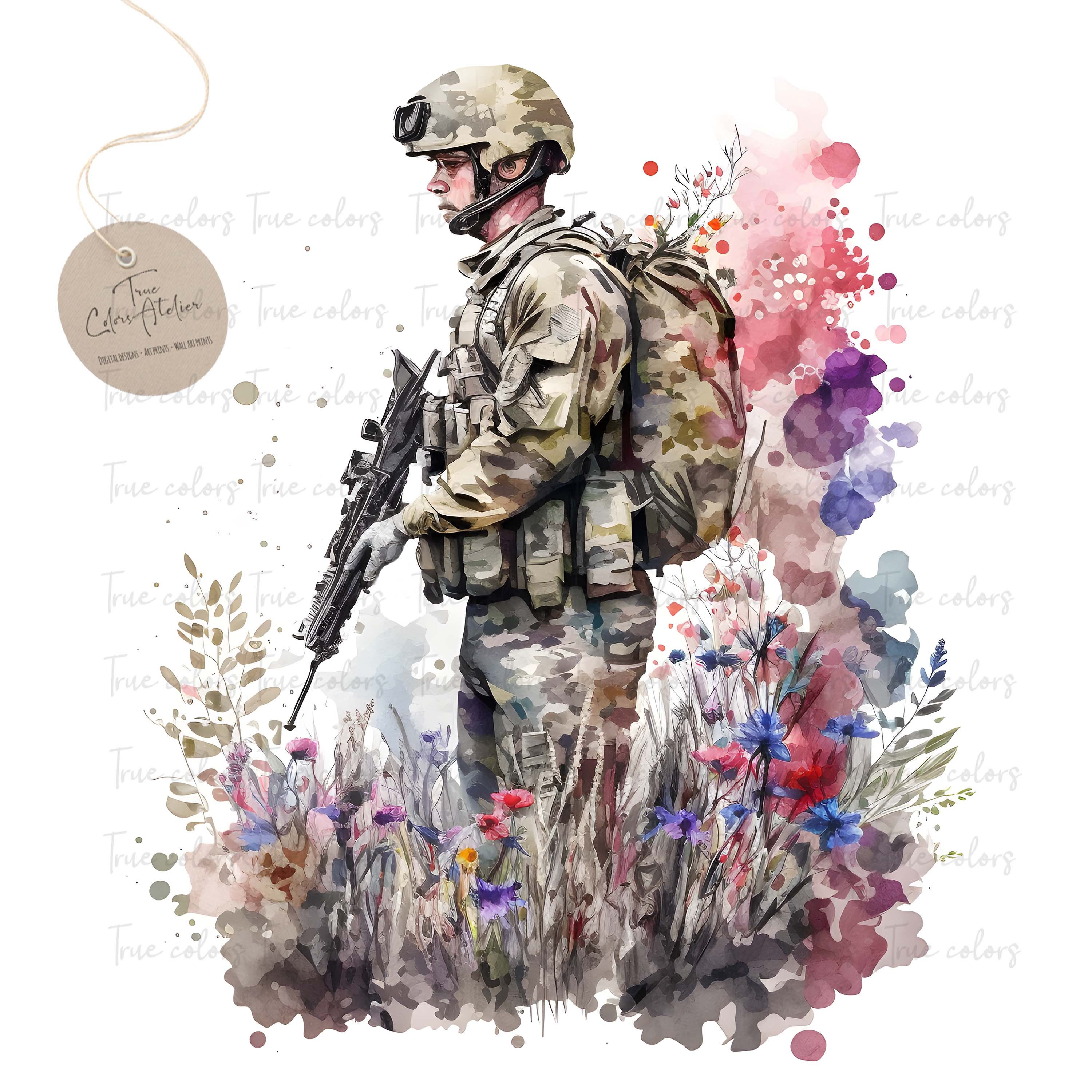Watercolor Soldier With Flowers Sublimation,memorial Day Digital ...
