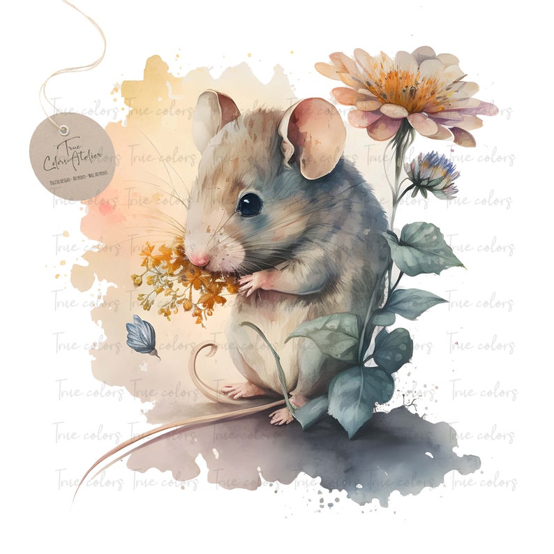 Watercolor Mouse and Flower Watercolor Animals Mouse Painting Mause ...