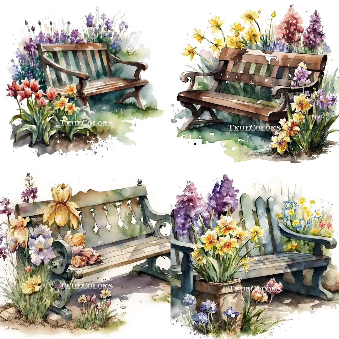 Garden Benches Spring Flowers Watercolor Garden Benches Clipart PNG ...