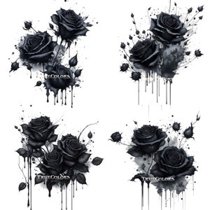 Watercolor Black Roses Clipart Gothic Roses and Leaves in PNG Format ...
