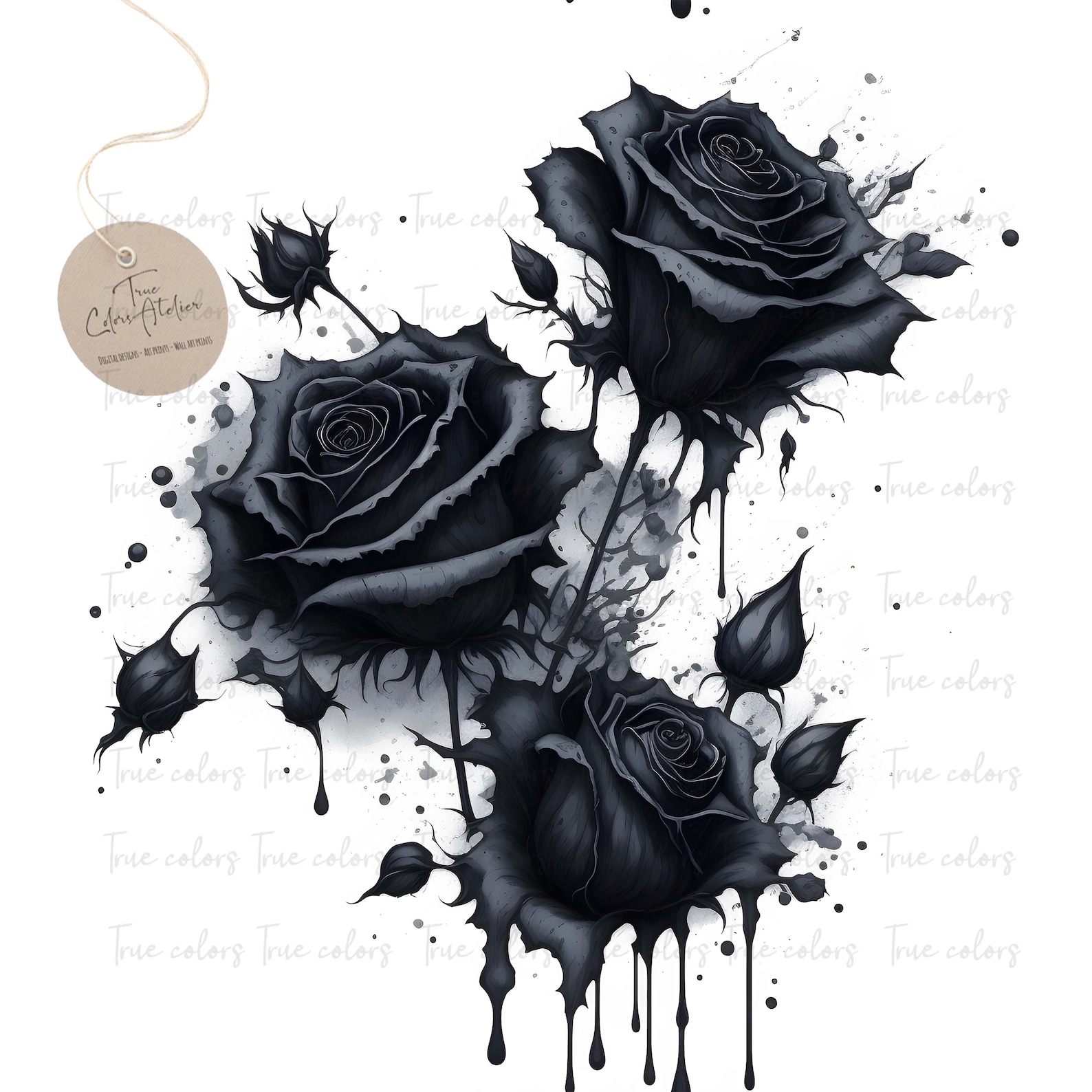 Watercolor Black Roses Clipart Gothic Roses and Leaves in PNG Format ...