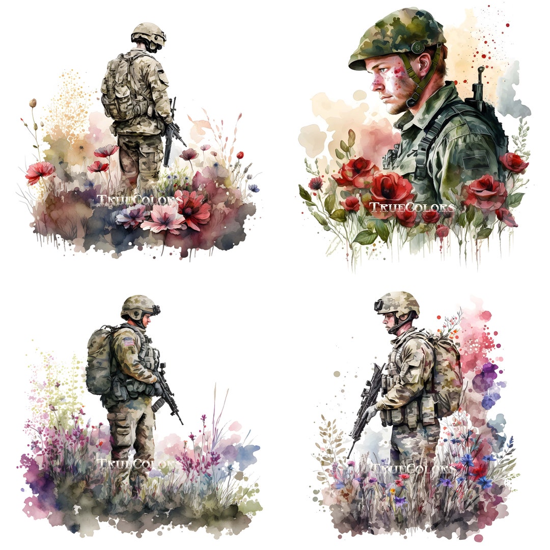 Watercolor Soldier With Flowers Sublimation,memorial Day Digital ...