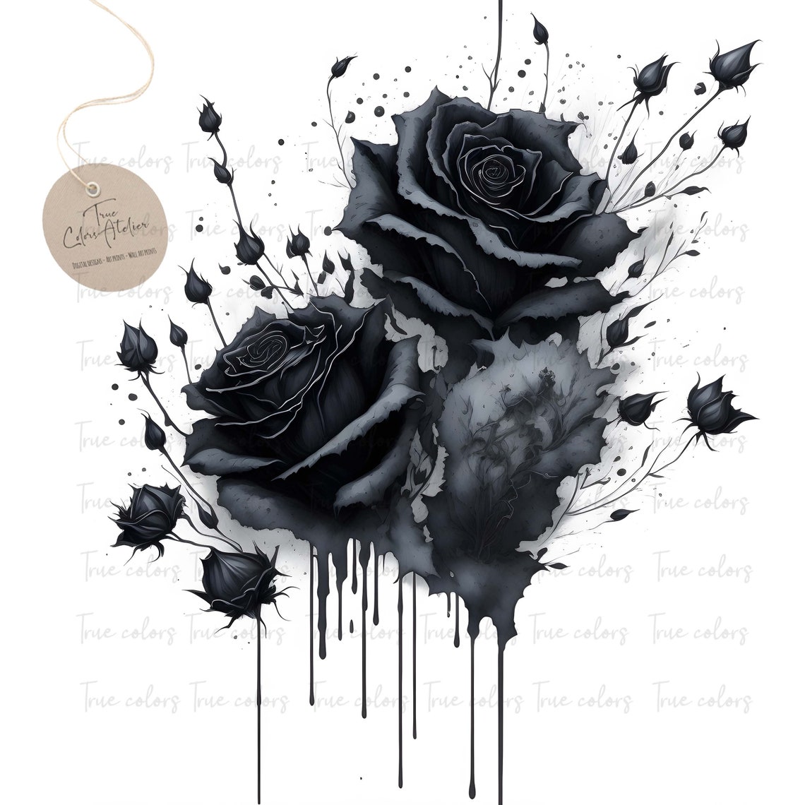 Watercolor Black Roses Clipart Gothic Roses and Leaves in PNG Format ...