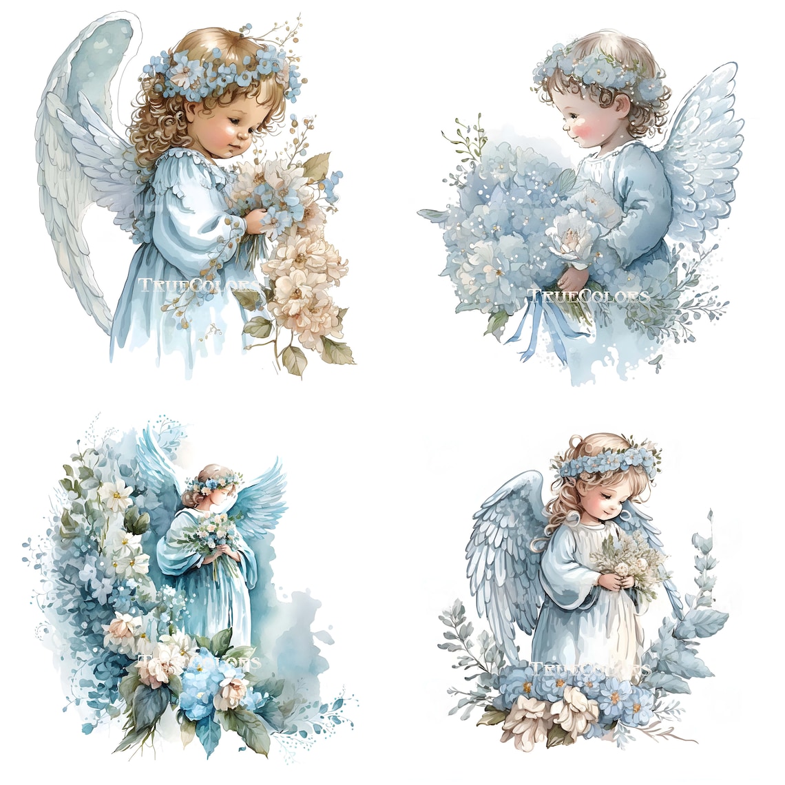 Light Blue Angels Illustration Clipart Set PNG Litlle Angel Print Angel ...