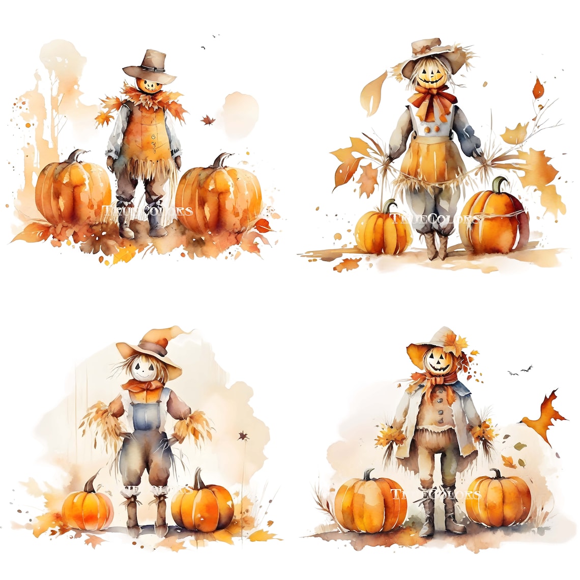 Autumn Fall Scarecrow Clipart Watercolor Bundle Cute Scarecrow Autumn ...