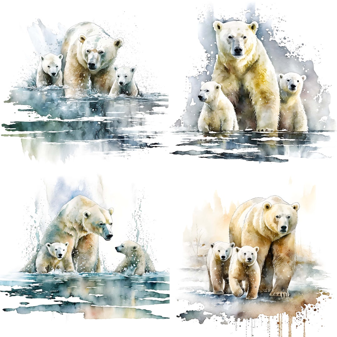Mom and Baby Polar Bear Watercolor, Cute Clipart PNG, Printable Digital ...