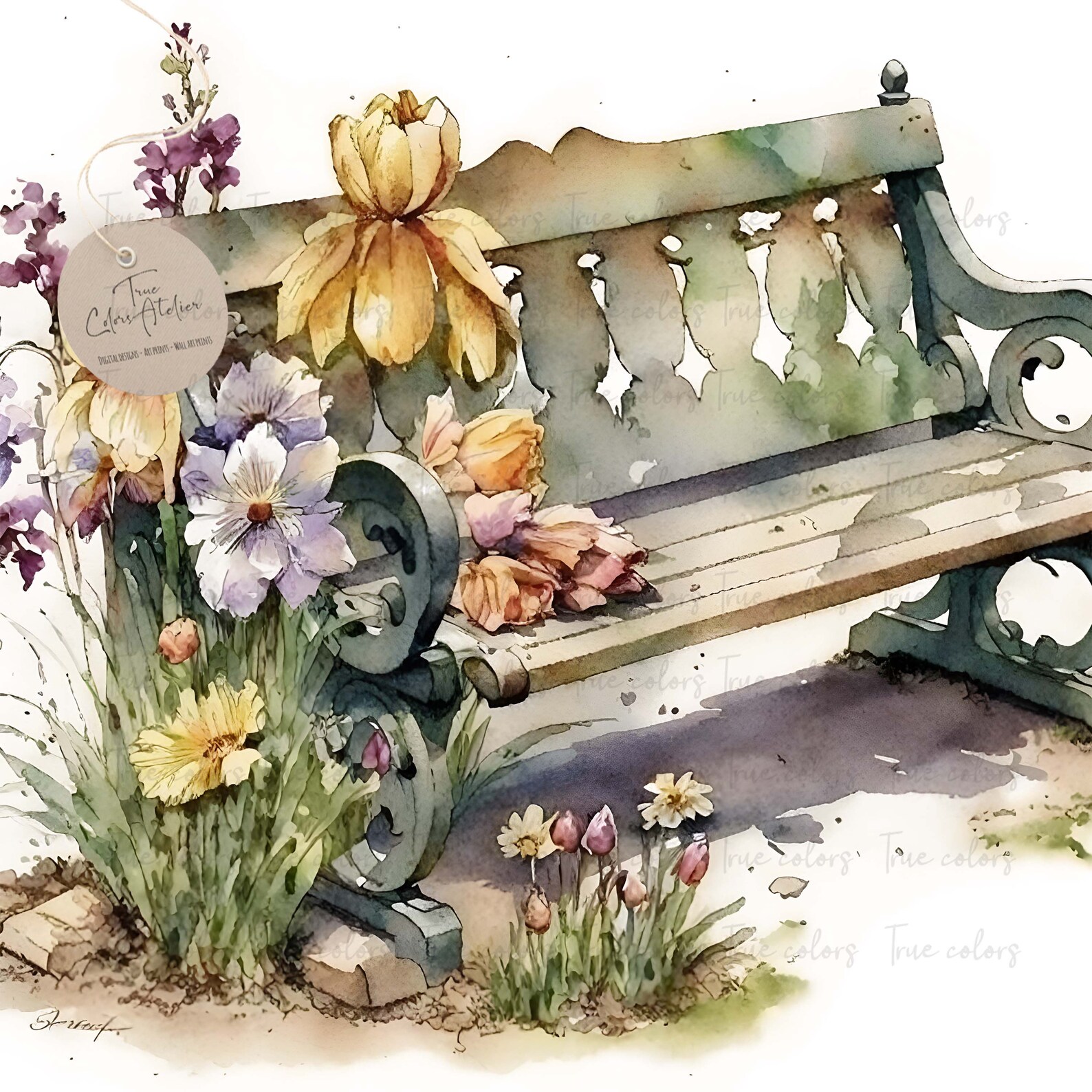Garden Benches Spring Flowers Watercolor Garden Benches Clipart PNG ...