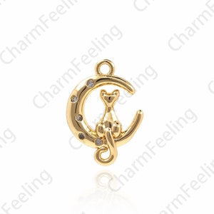 Filled Gold Moon Pendant, Cat Charm, Moon and Cat Gift, Celestial ...