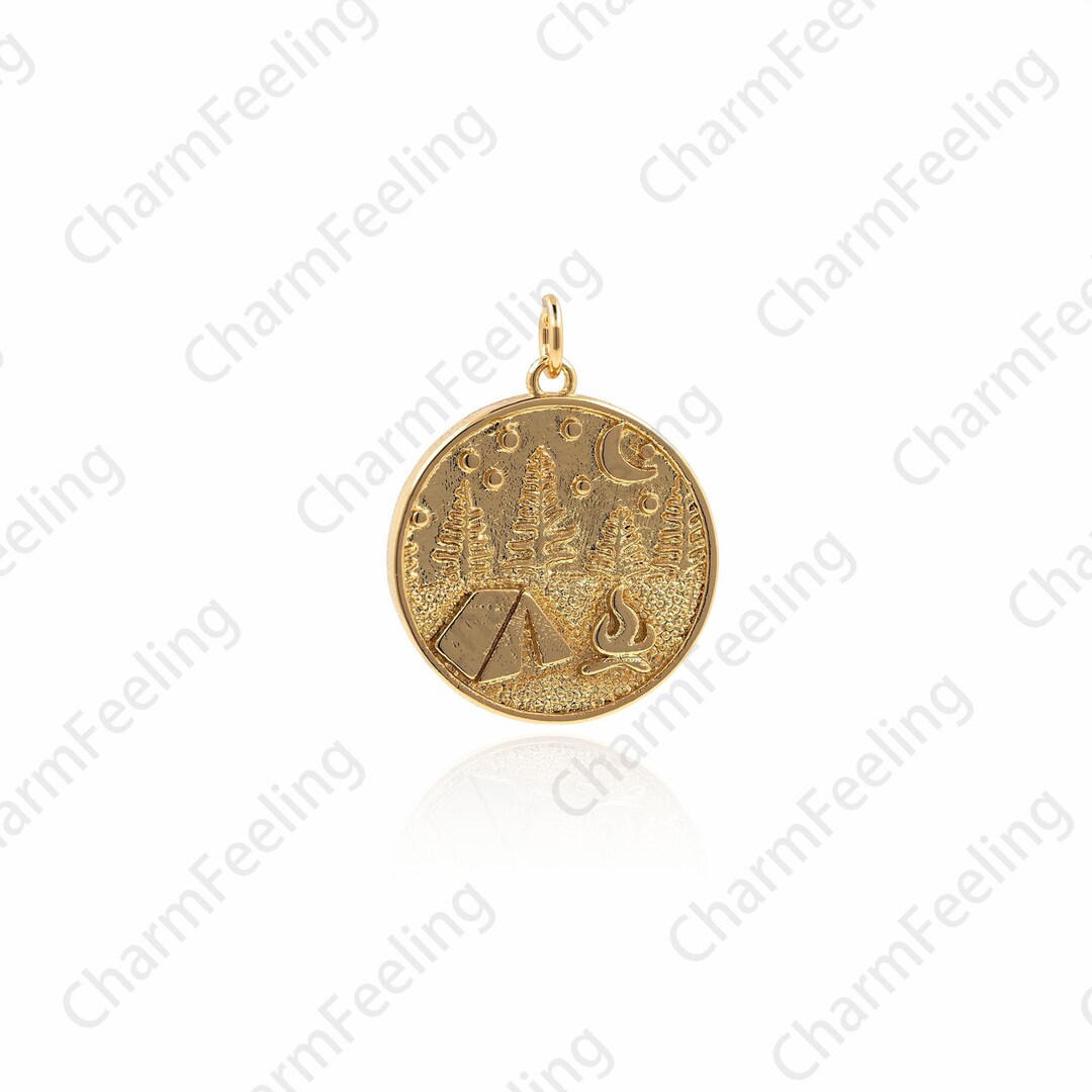 18K Gold Filled Campfire Coin Pendant, Landscape Necklace, Starry Night ...