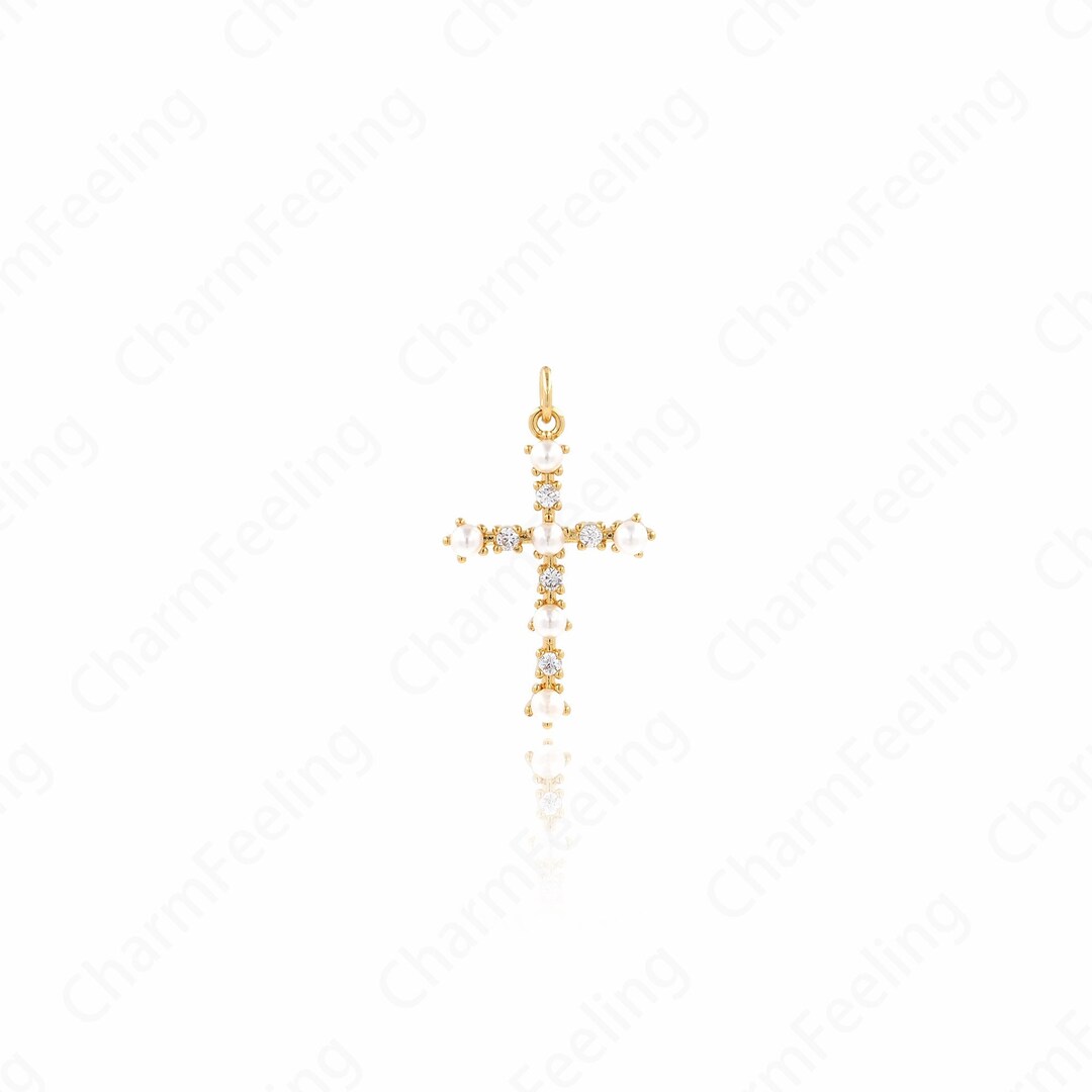 Pearl Cross Necklace, Micropavé CZ Cross Pendant, Religious Charm, 18K ...