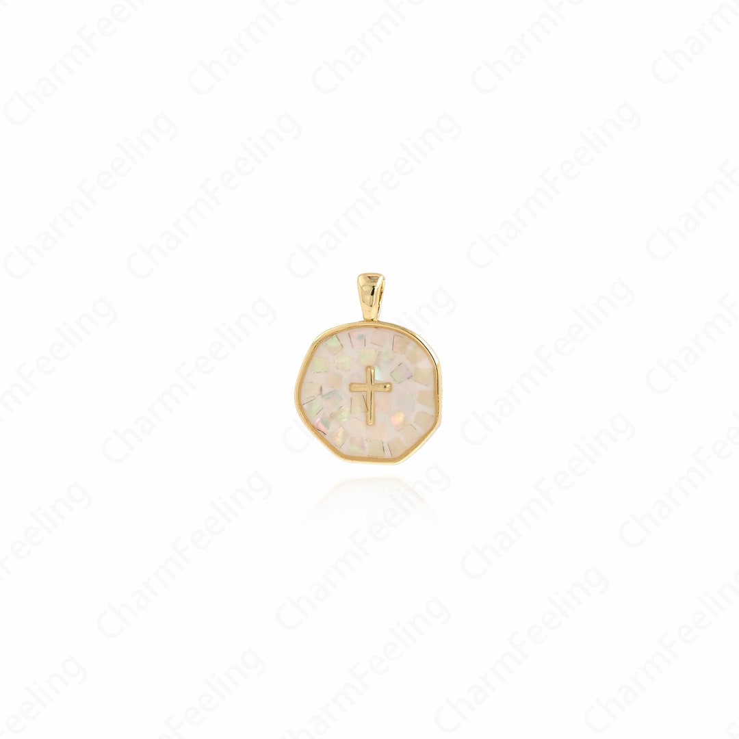 18K Gold Filled Shell Round Cross Pendant, Cross Charm, Micropave CZ ...