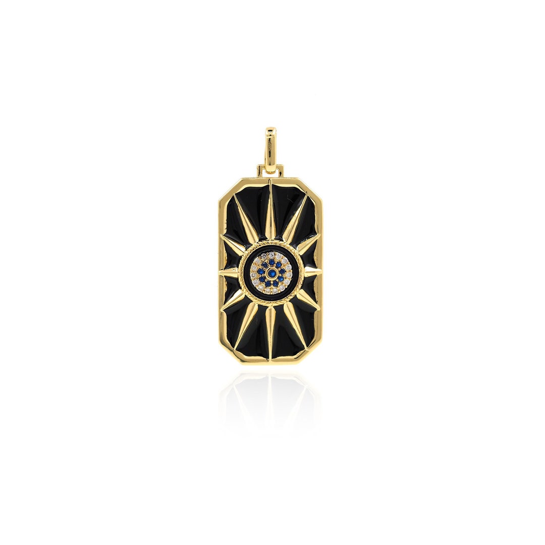 Enamel Sun Eye Pendant, Micropavé CZ Square Necklace, 18K Gold Filled ...