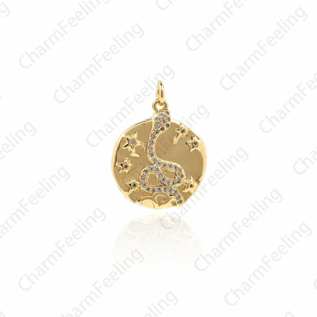 CZ Round Snake Pendant, Gold Snake Medal, Snake Necklace, Snake Charm ...