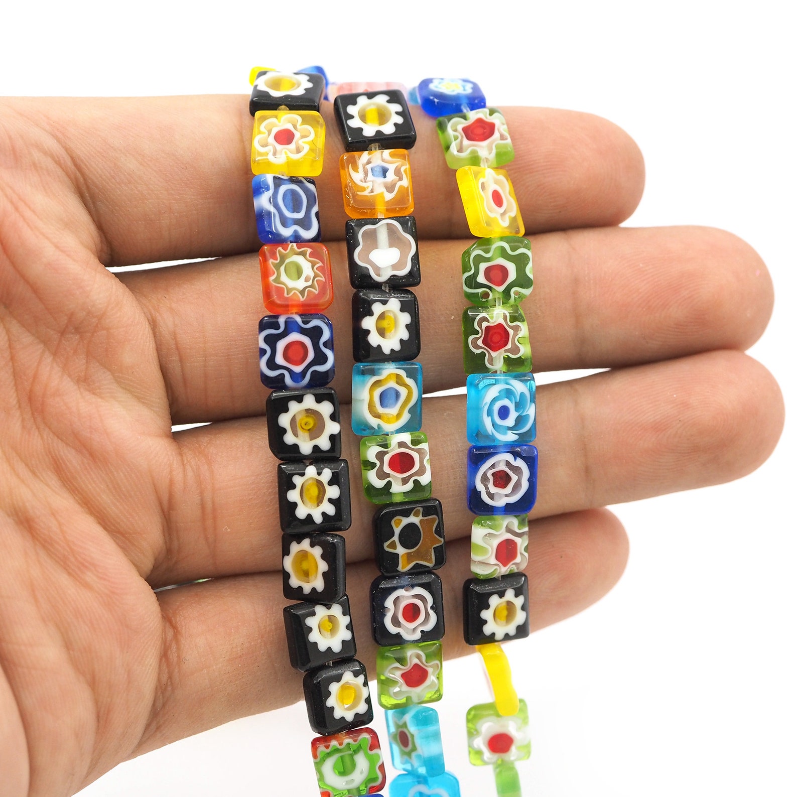 Flat Beads, Murano Glass Beads, Square Glass Beads, Thousand Flower ...