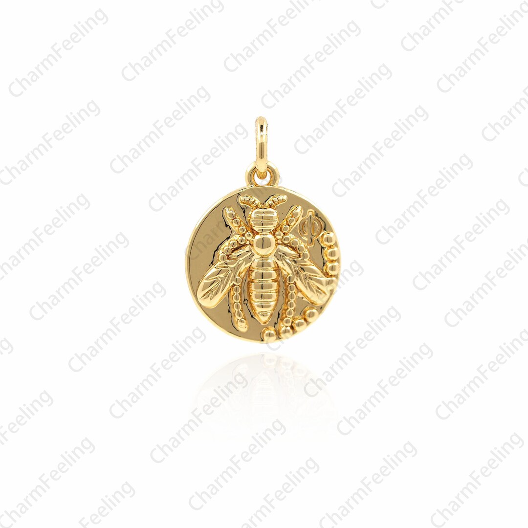 Gold Bee Coin Pendant, Honey Bee Round Charm， Gold Plated Queen Bee ...