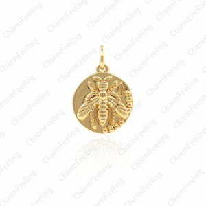 Gold Bee Coin Pendant, Honey Bee Round Charm， Gold Plated Queen Bee ...