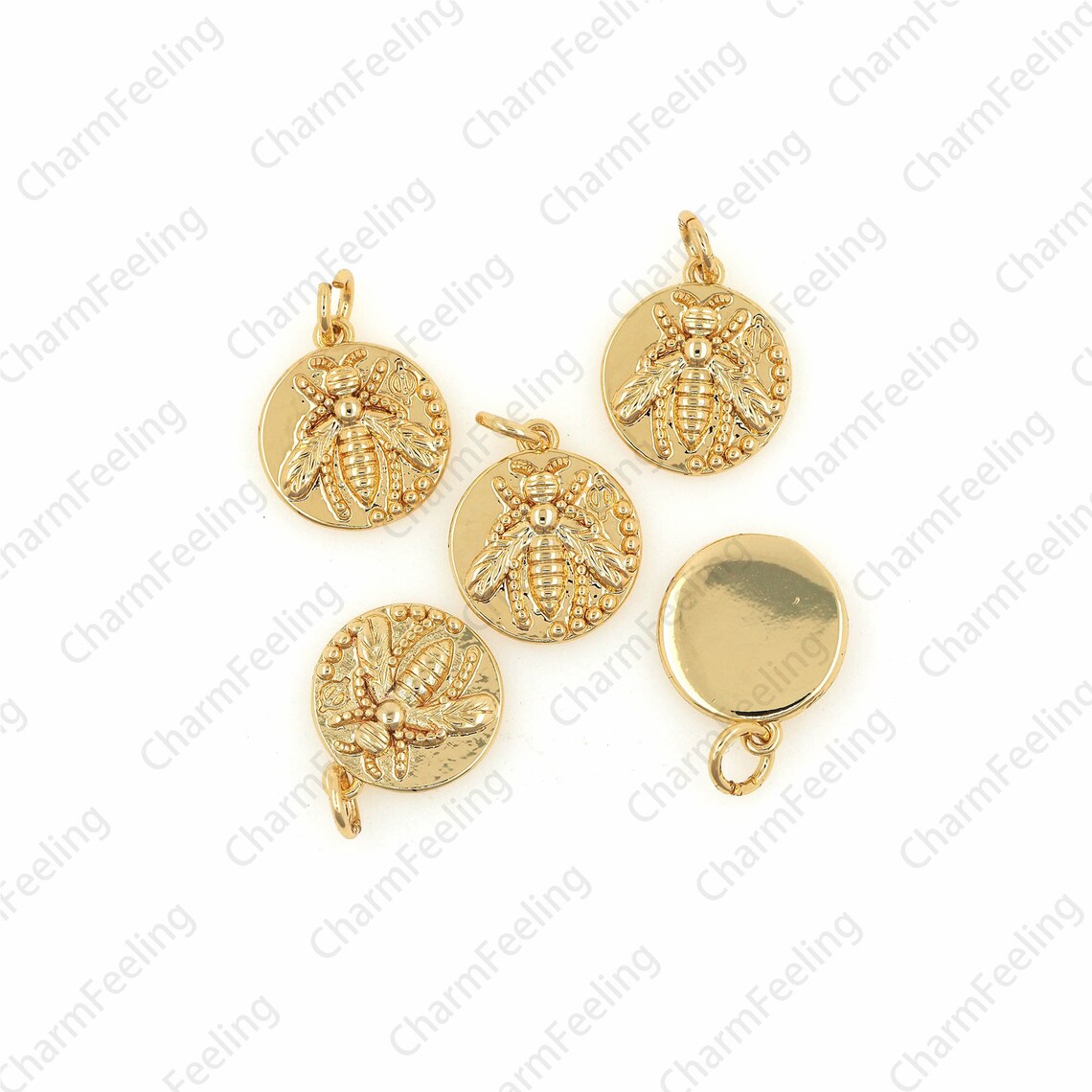Gold Bee Coin Pendant, Honey Bee Round Charm， Gold Plated Queen Bee ...
