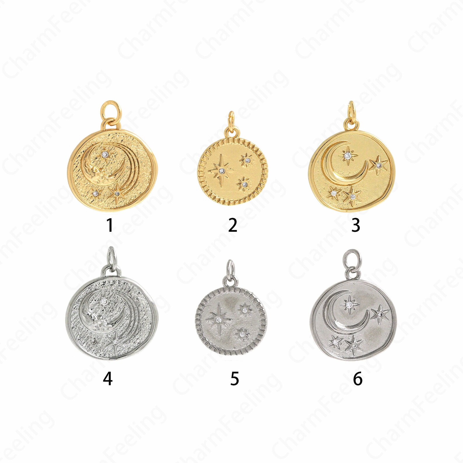 Round Charm, 18K Gold Filled Moon Star Jewelry, Micropavé CZ Crescent ...