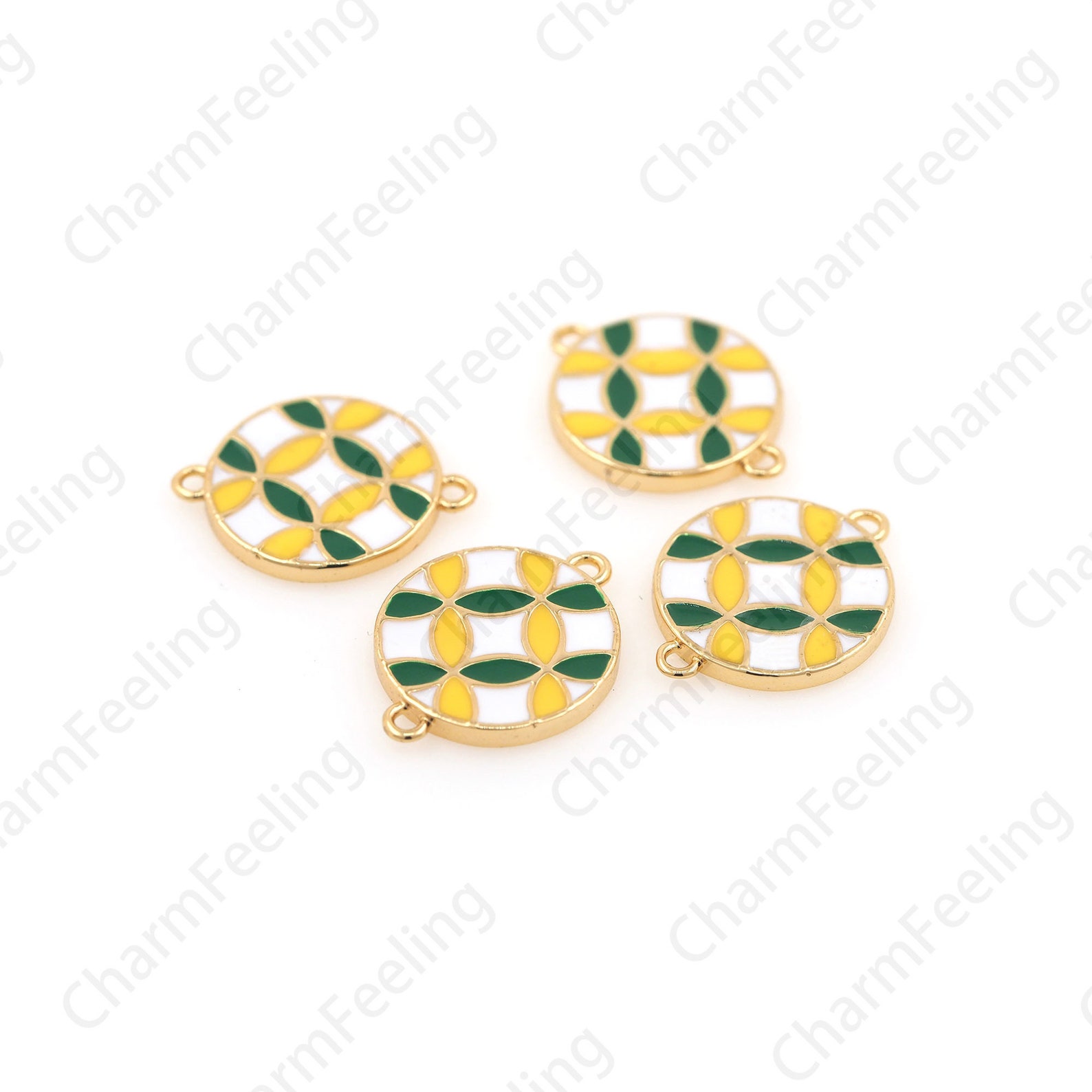 Enamel Round Four-leaf Clover Connector, Flower Charm, Four-leaf Clover ...