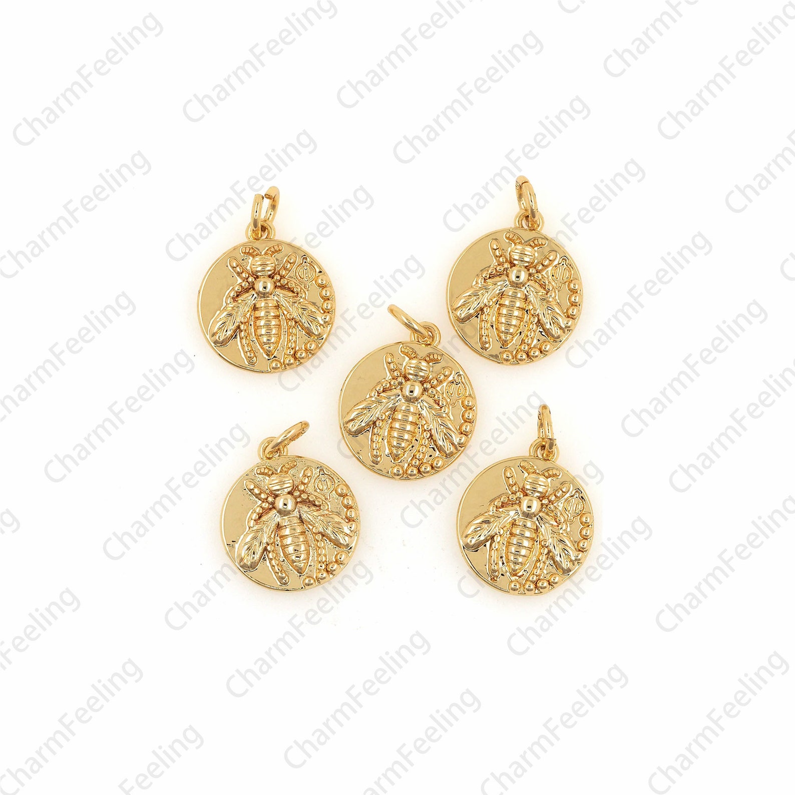 Gold Bee Coin Pendant, Honey Bee Round Charm， Gold Plated Queen Bee ...