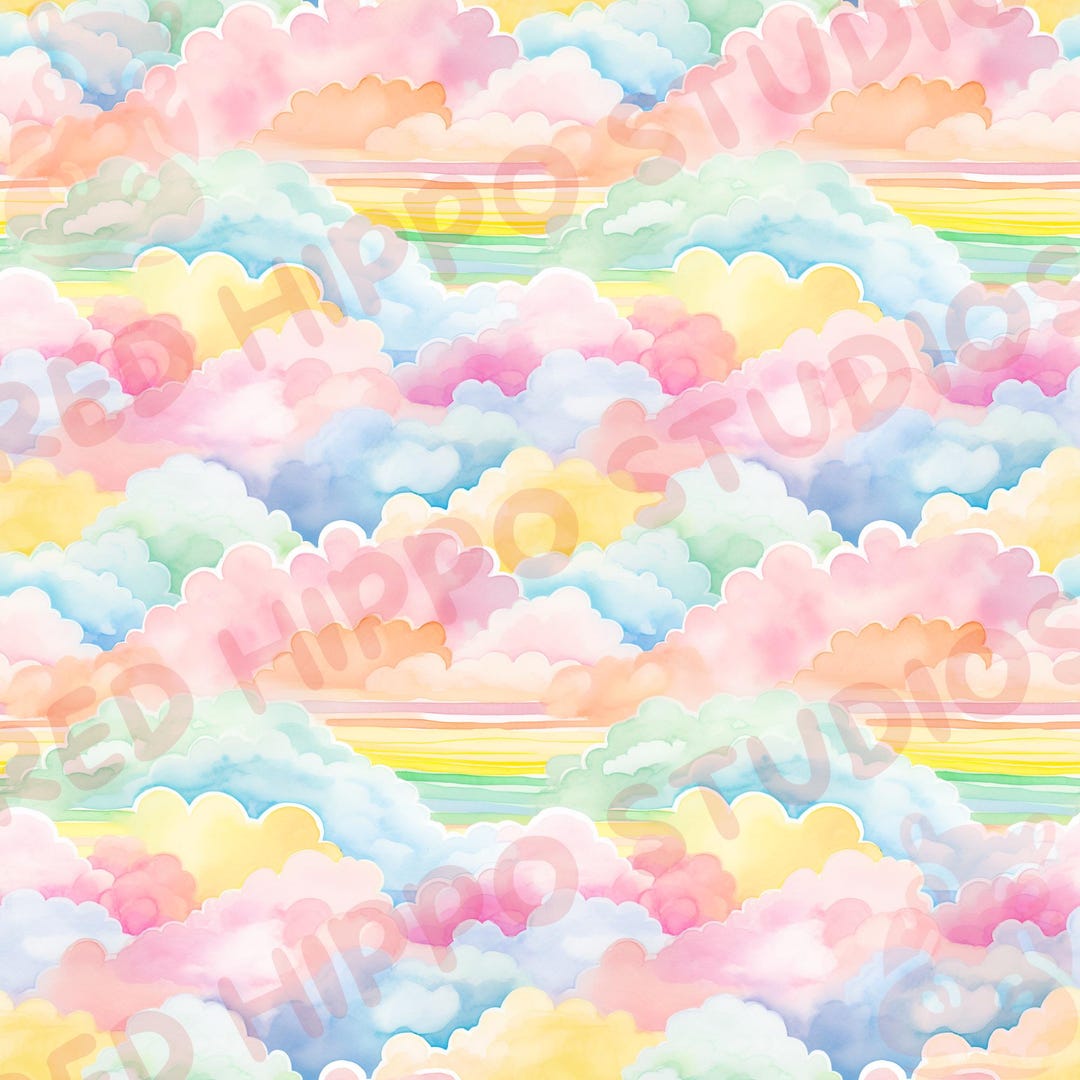 Watercolor Rainbow Sky Clouds DIGITAL SEAMLESS FILE Fabric Design ...
