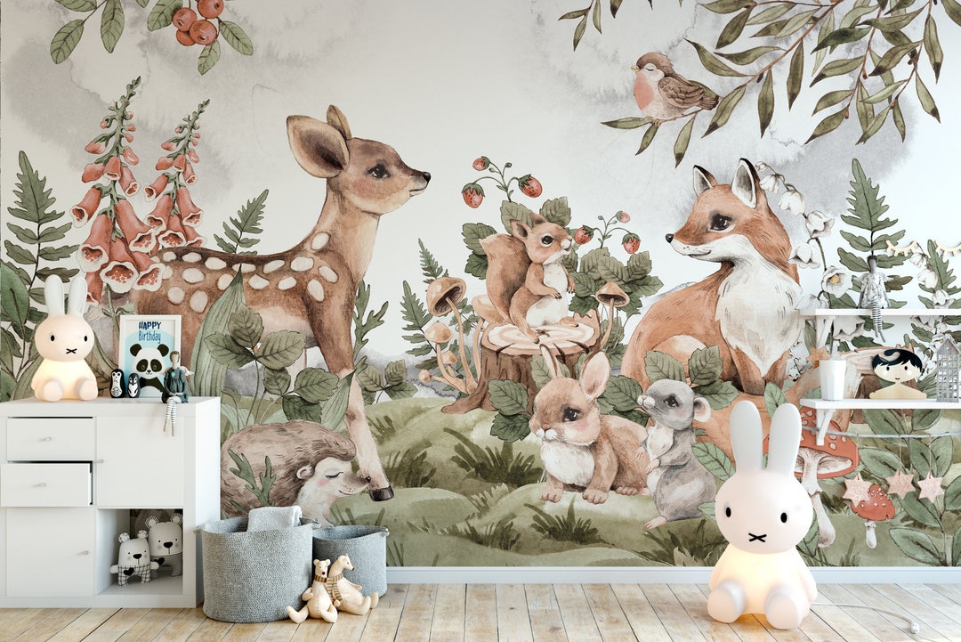 BUDDIES Woodland Animals Wallpaper / Soft Forest Wall Mural / Nursery ...