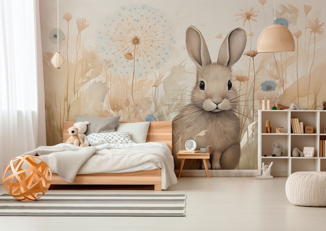 BUNNY / Rainbow Kids Wallpaper, Rabbit Wall Mural, Bunny Nursery Wall ...