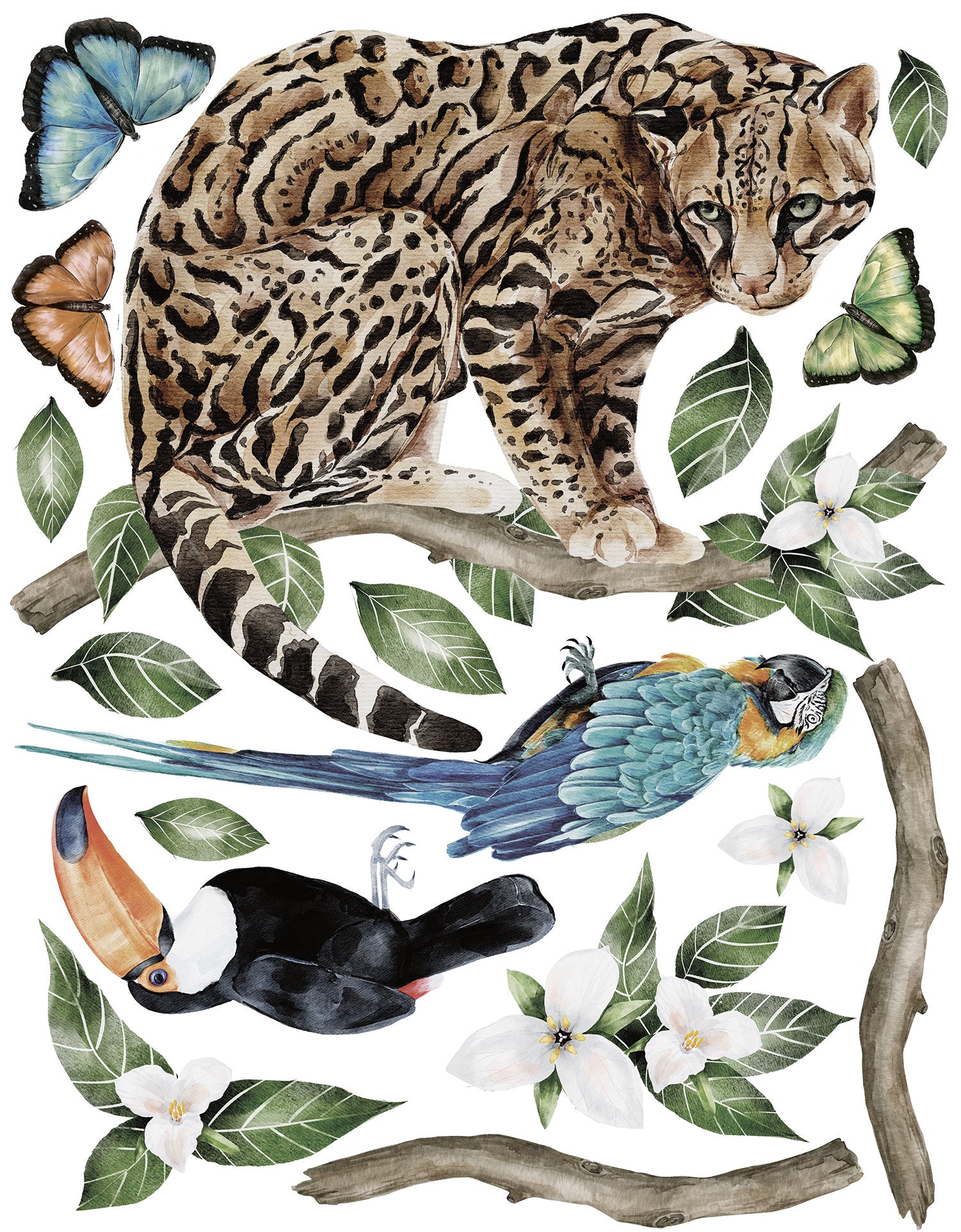 AMAZONIA OCELOT Tropical Wall Decal / Watercolor Rainforest / - Etsy