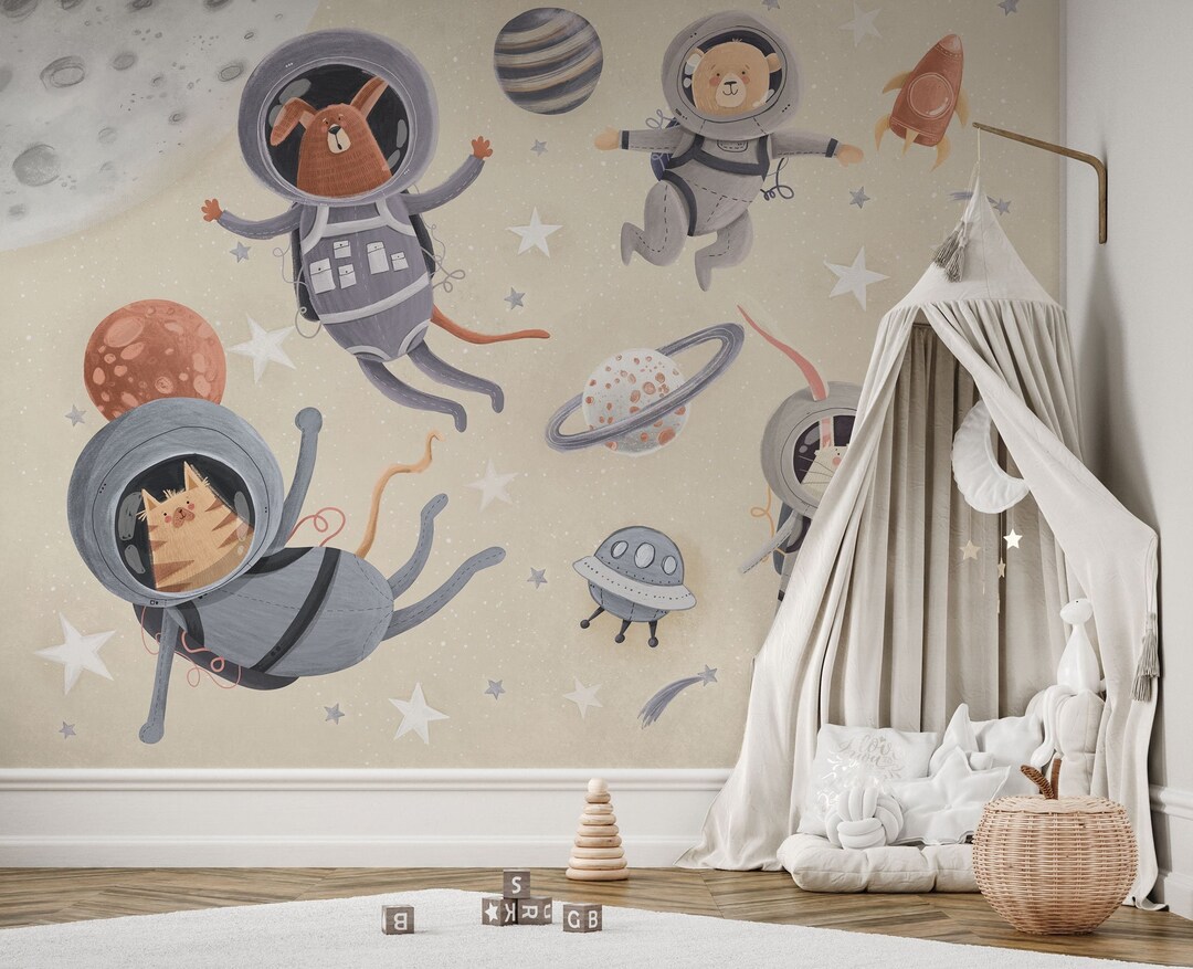 ASTRO Space Animals Kids Room Wallpaper / Space Wallpaper for Kids Room ...