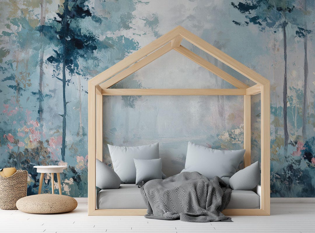 Elowen – Pastel Garden Mural With Mist and Flowers, Soft Botanical Wall ...