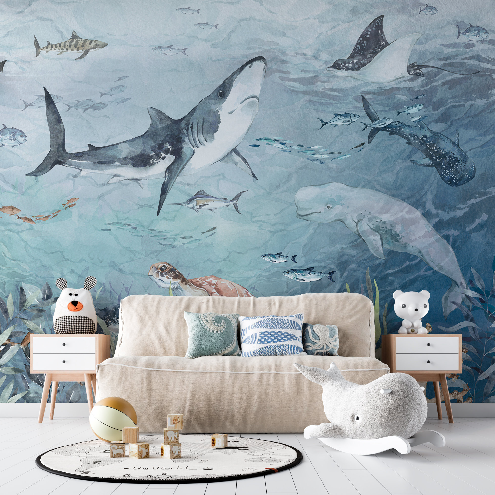Seaway Kids Wallpaper – Ocean Sharks and Sea Animals Mural | Underwater ...