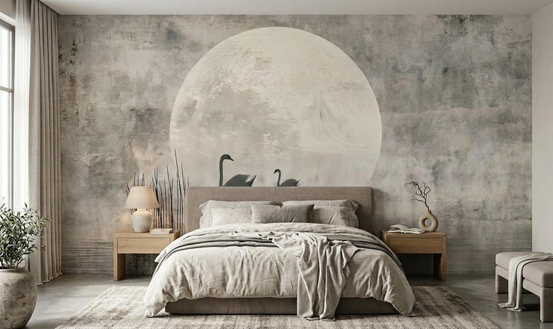Lunaflora Wallpaper – Mural With Full Moon and Swans | Custom Size ...