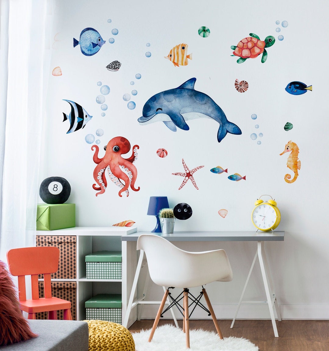 Ocean Theme Wall Decals - Dolphin Underwater Stickers - Watercolor ...