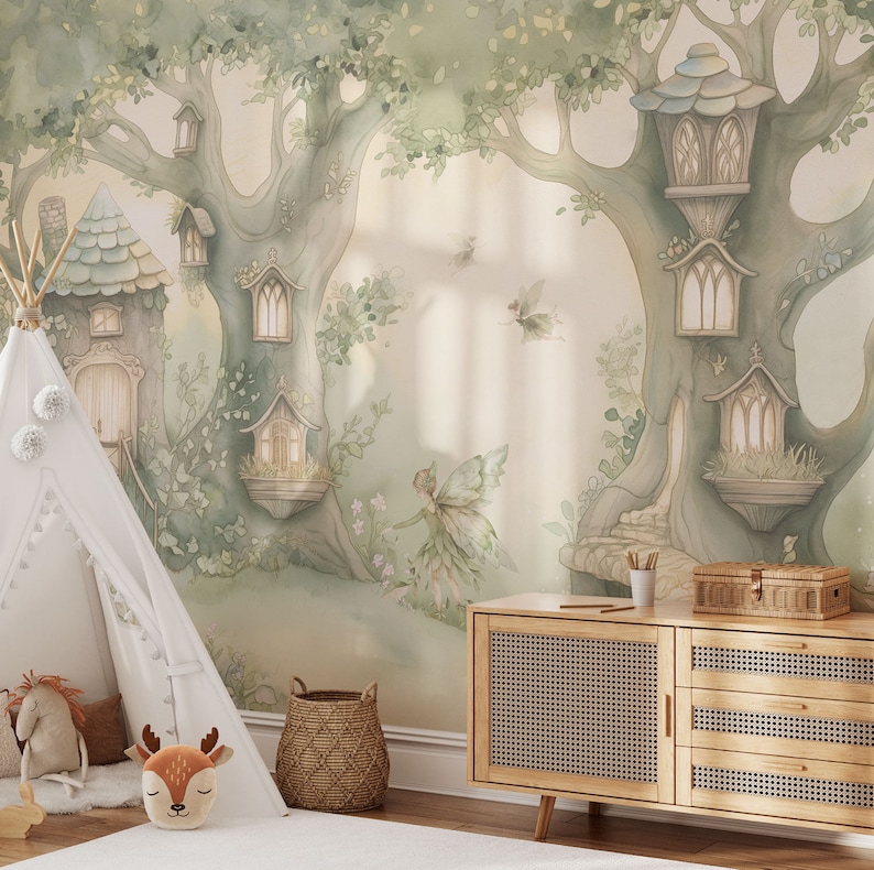 Buy Fairywood Kids Wallpaper – Enchanted Forest Mural With Tree Houses ...