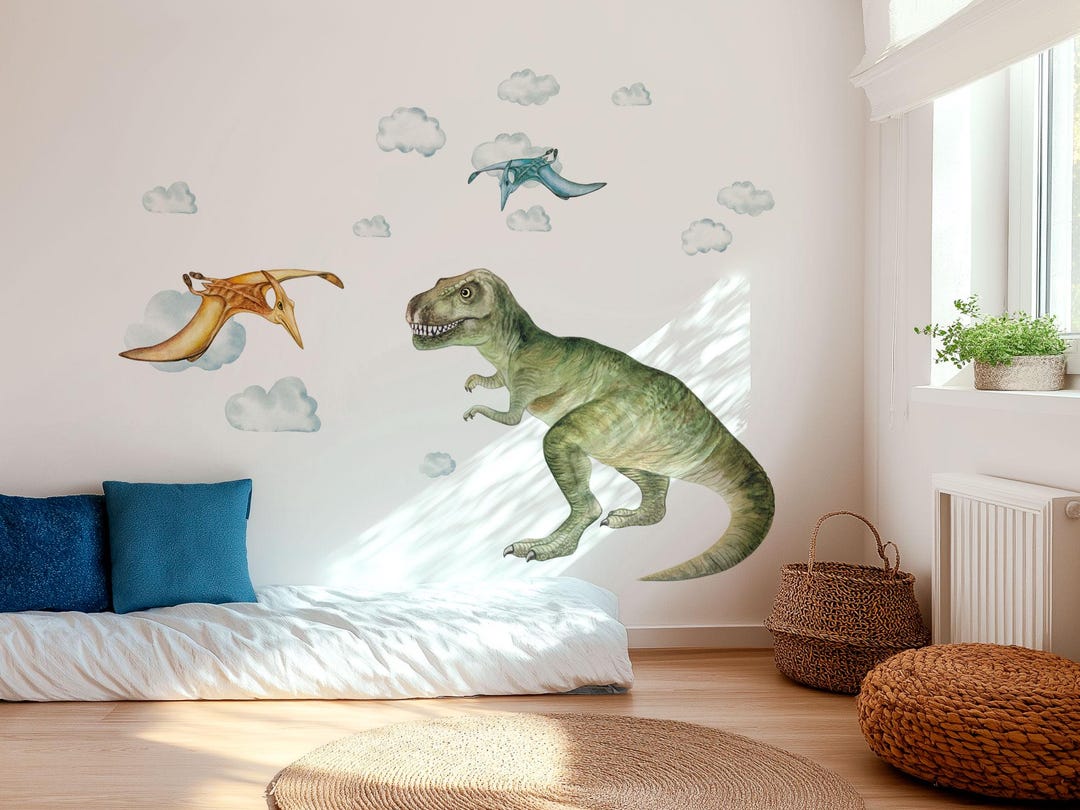 Giant T-rex Wall Decal – Realistic Dinosaur & Pterosaurs With Clouds ...