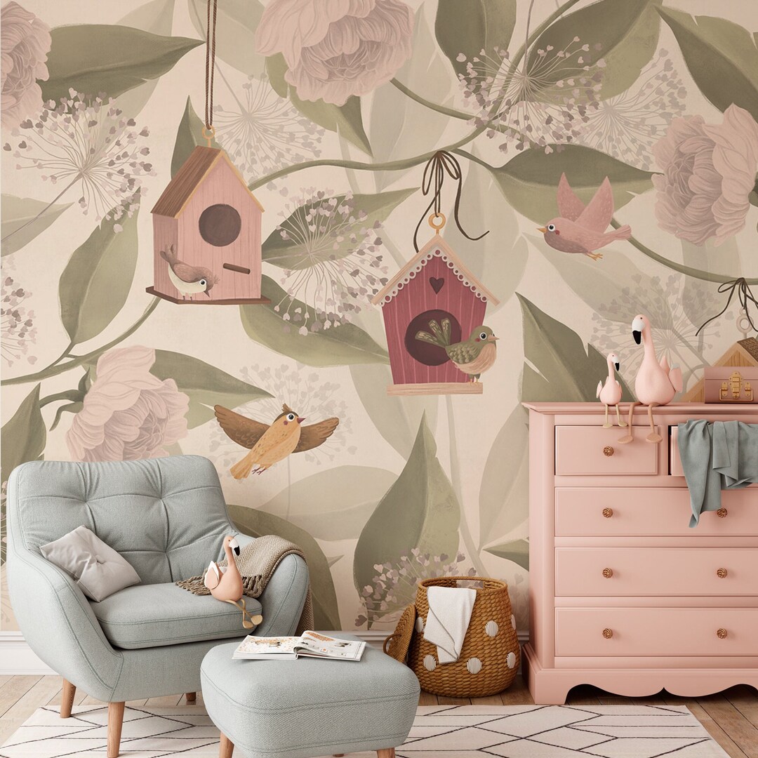 BIRDIE Wallpaper Birds Wallpaper for Girl's Room Animals Nursery Boho ...