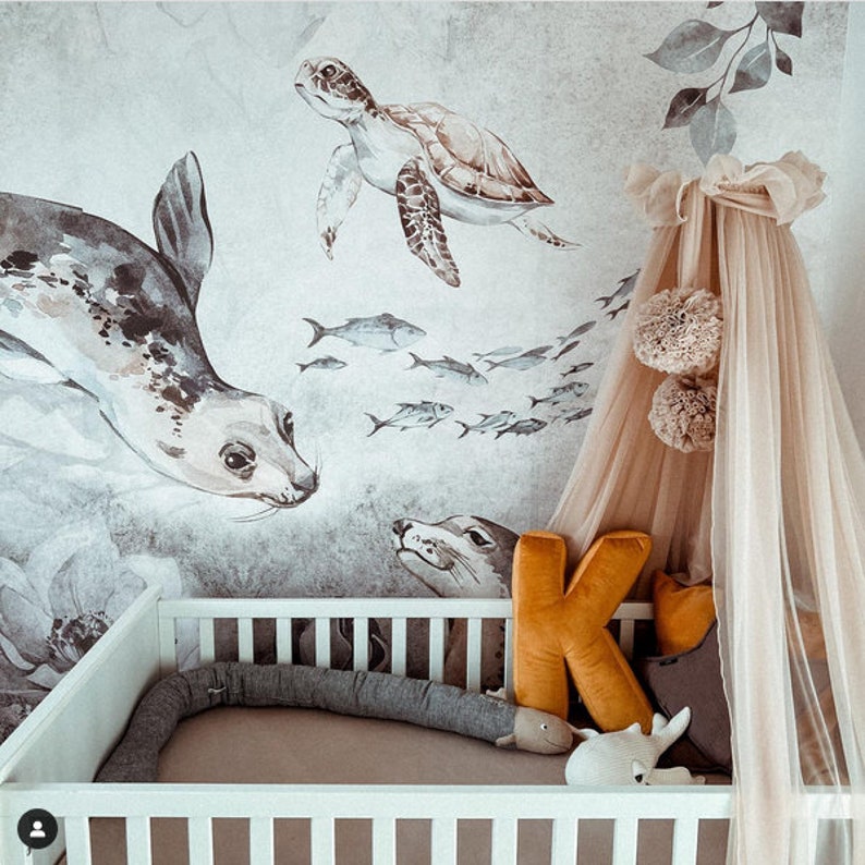 Oceania Seals Kids Wallpaper Mural Watercolor Ocean Animals Nursery ...
