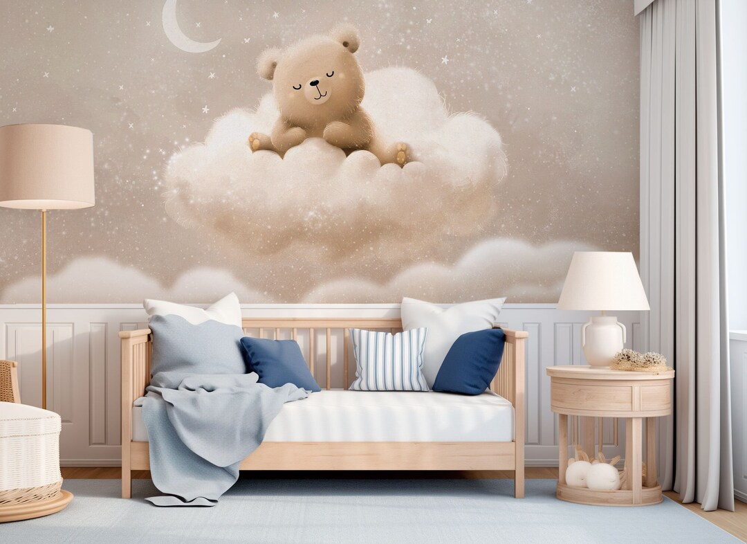 NAP NAP Wallpaper for Kids - Teddy Bear on a Cloud Wall Mural - Natural ...