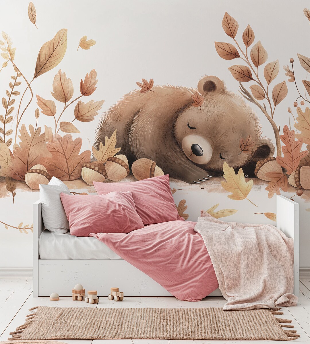 Autumn Bear Kids Wallpaper – Sleeping Bear Mural With Leaves | Custom ...