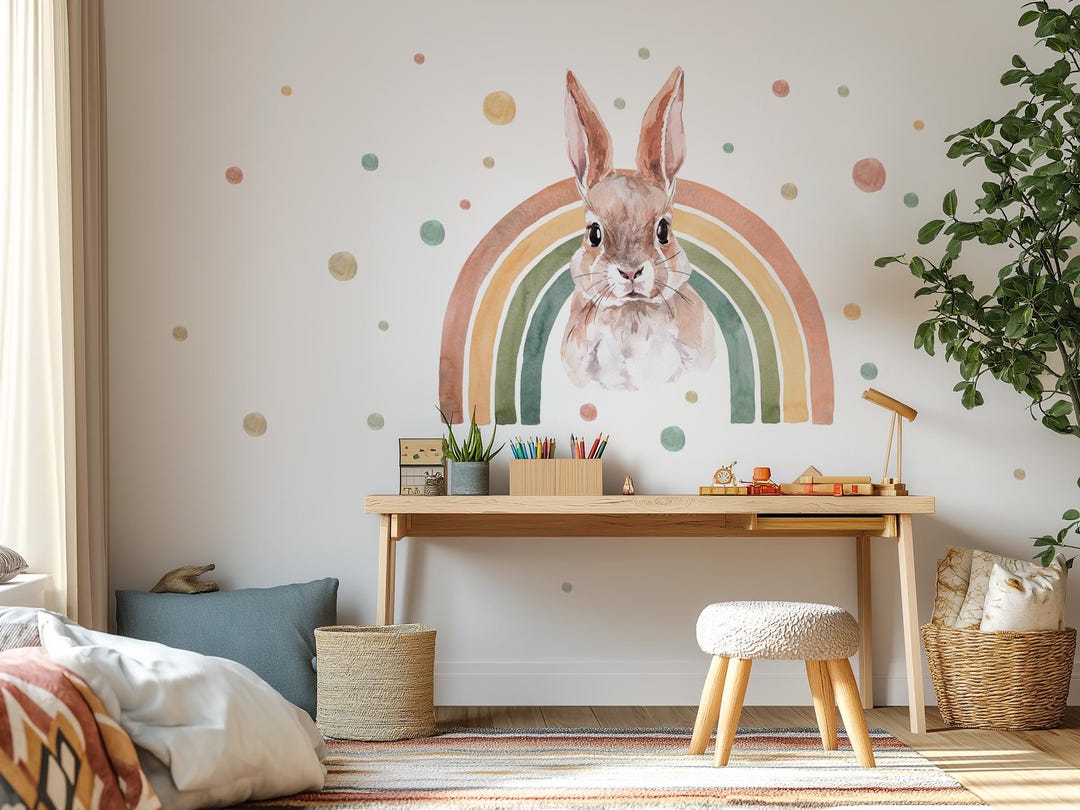 Sticker mural lapin bohème avec arc-en-ciel, autocollant animal pour ...