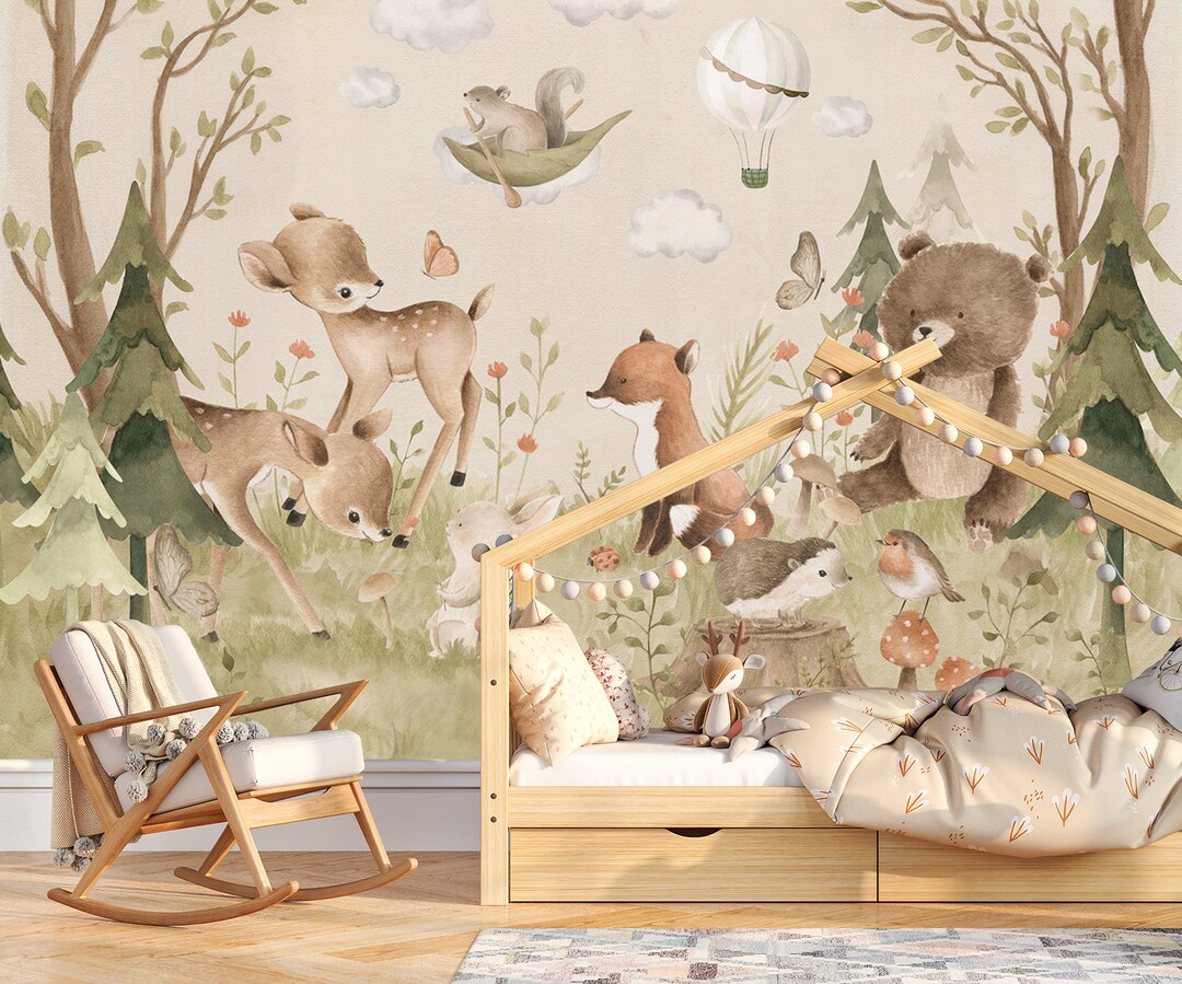 LITTLE ONE Adorable Woodland Creatures Wallpaper Nursery Wall Art - Etsy